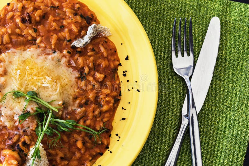 Seafood risotto closeup stock image. Image of recipe - 153490871