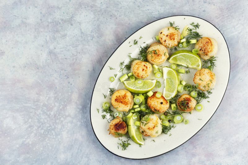 Seafood, roasted scallops stock image. Image of crustacean - 367248551