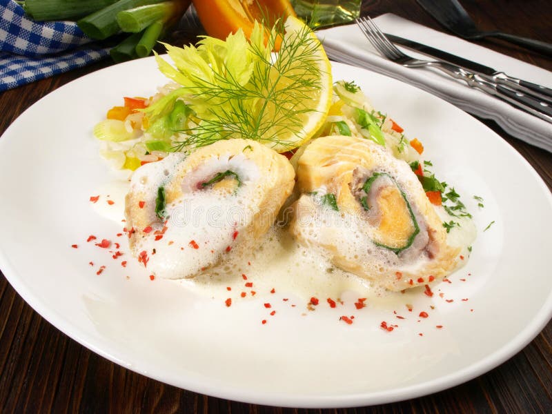 Seafood - Salmon Rolls - Fish Fillet with Rice and Vegetables Stock ...