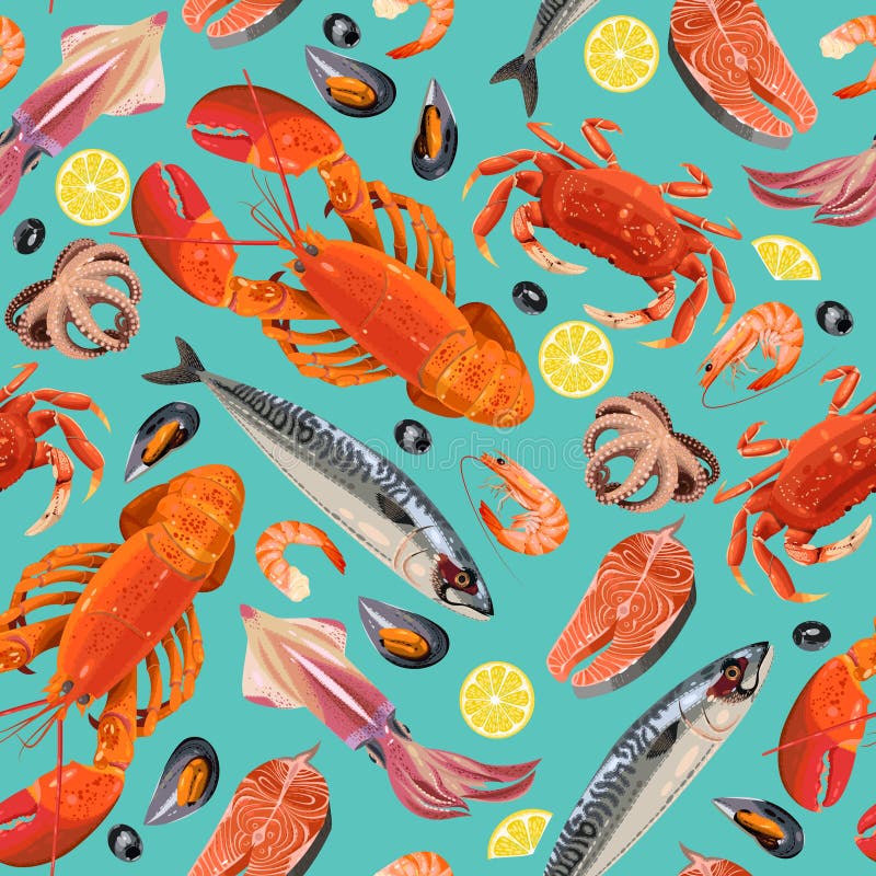 Seafood Seamless Pattern. Fish Food Endless Background, Texture. Hand ...