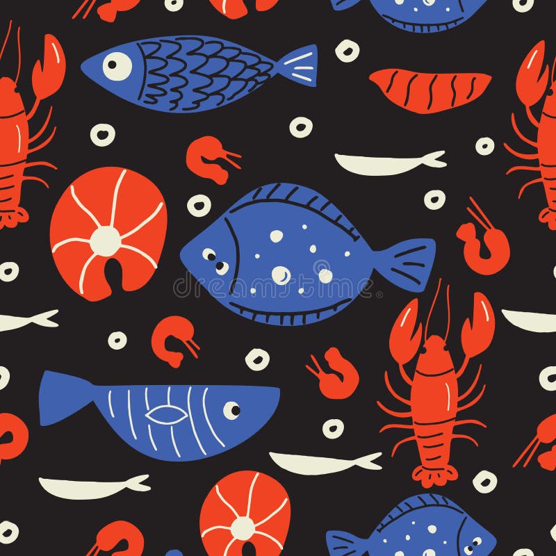 Seafood Seamless Pattern. Funny Hand Drawn Illustration of Fishes ...