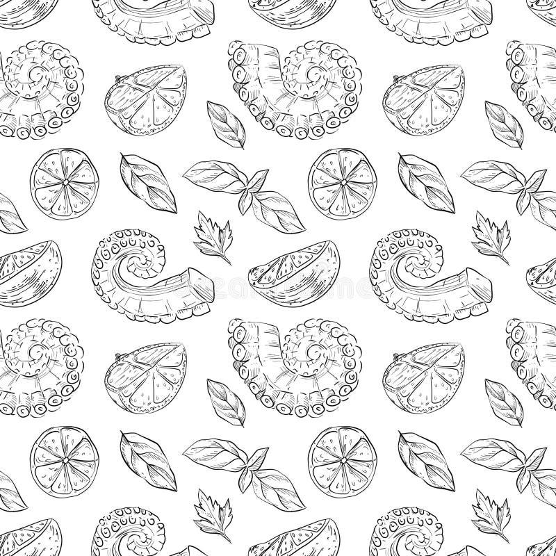 Seafood Seamless Pattern, Hand Drawn Sketch Stock Vector - Illustration ...