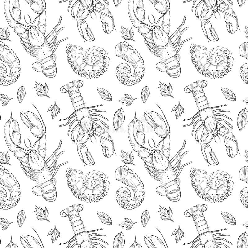 Seafood Seamless Pattern, Hand Drawn Sketch Stock Vector - Illustration ...