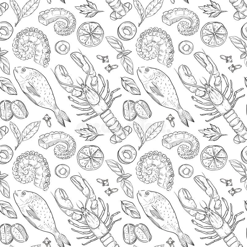 Seafood Seamless Pattern, Hand Drawn Sketch Stock Vector - Illustration ...