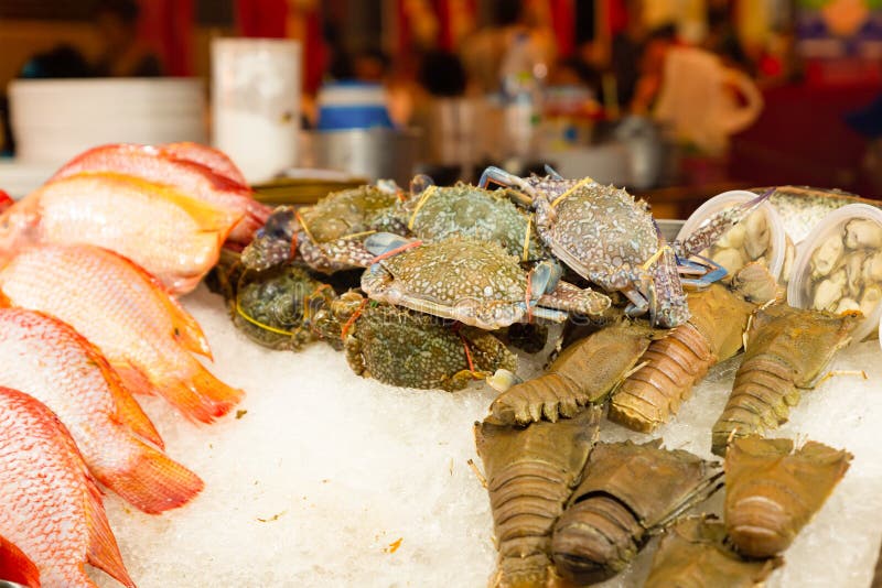 Seafood Set Fish Counter Snapper Row, Crab and Prawns Lie on Ice Stock ...