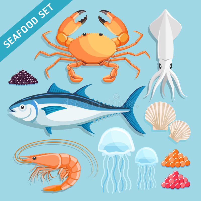 Seafood Set. Vector Illustrations. Stock Vector - Illustration of icon ...
