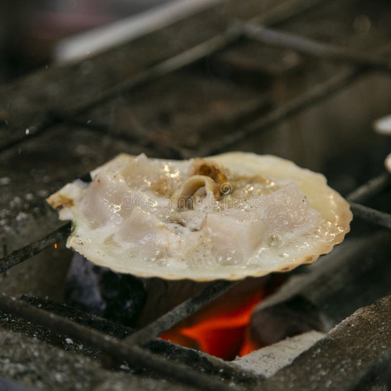 Seafood Shell and Fish Cooked on a Grill at the Osaka Fish Market in ...
