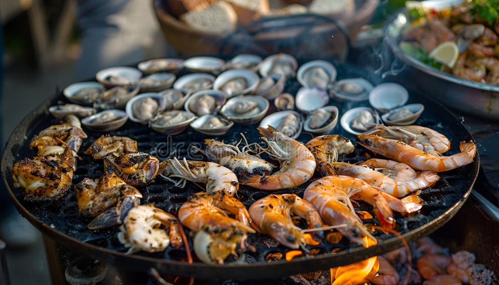 A seafood shellfish BBQ stock photo. Image of dish, recipe - 358647004