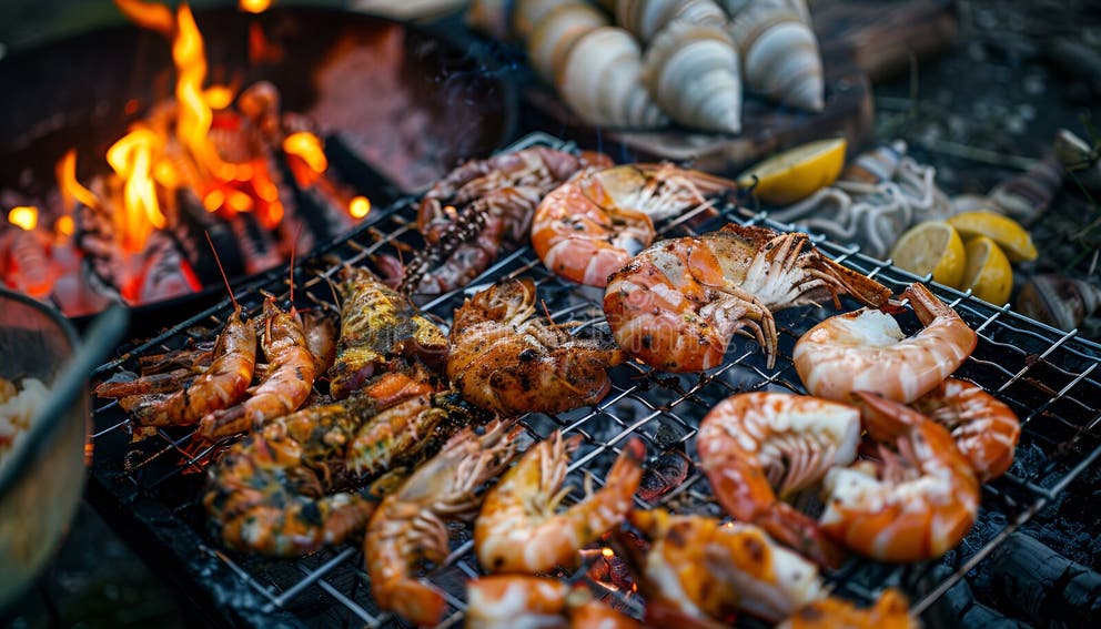 A seafood shellfish BBQ stock photo. Image of kebab - 358652984