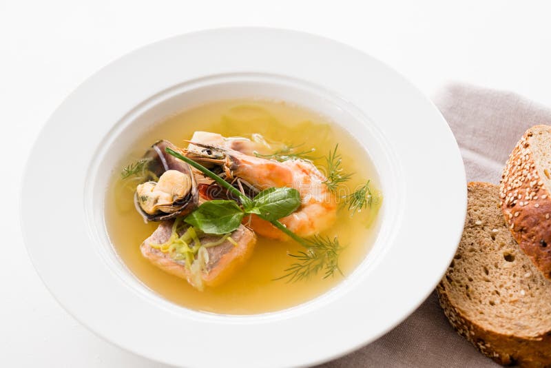 Seafood Soup Recipe Assorted Shellfish Plate Bread Stock Photo - Image ...