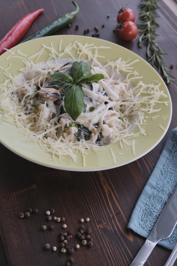 Seafood Spaghetti Pasta Decorated with Fresh Basil Stock Image - Image ...