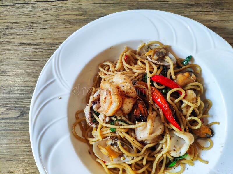 Seafood Spaghetti with Seafood. Top View Stock Photo - Image of closeup ...
