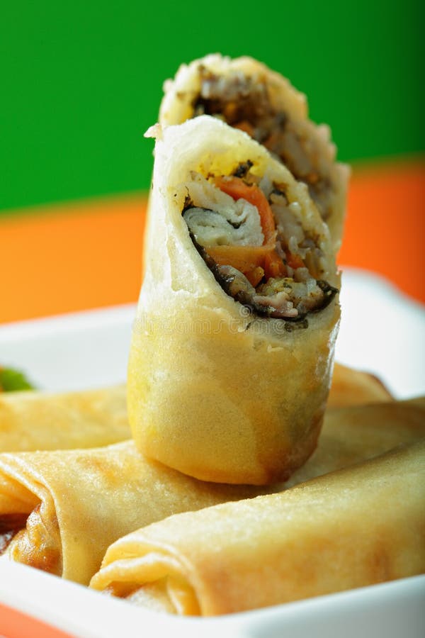 Seafood Spring Rolls in a Plate Closeup Stock Photo - Image of sauce ...