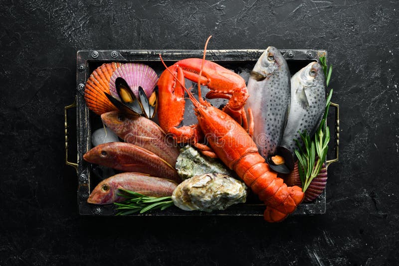 Seafood On Stone Background. Lobster, Fish, Shellfish. Stock Image ...
