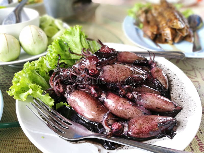 Squids Roe in Sweet Fish Sauce with Pickle Garlic Stock Image - Image ...