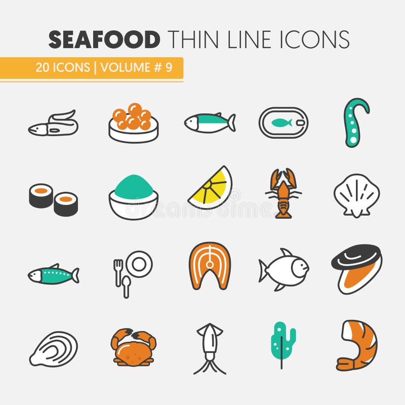 Seafood Thin Line Icons Set with Fish, Shrimp and Crab Stock Vector ...