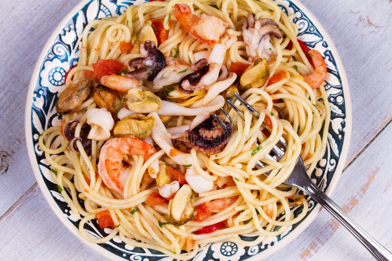 Seafood And Tomato Spaghetti. View From Above, Top Studio Shot. Stock ...