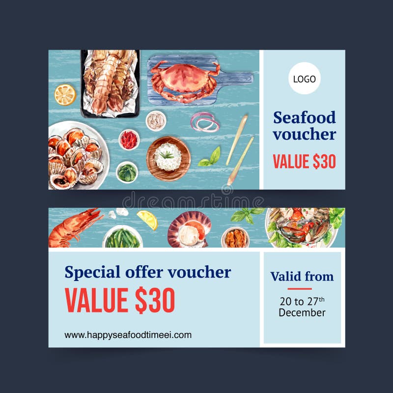 Seafood Voucher Design with Shrimp, Crab, Shell Illustration Watercolor ...