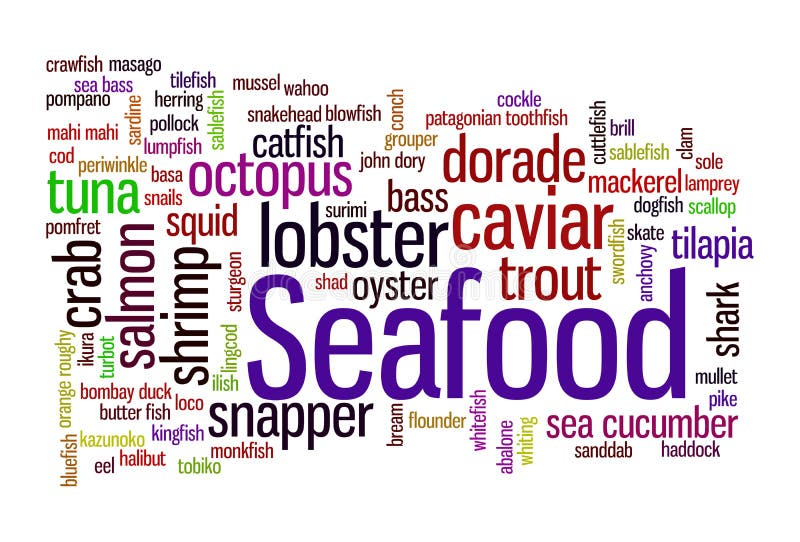 Seafood word cloud stock illustration. Illustration of fish - 96364501