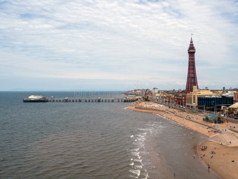 Seafront at Blackpool with the Tower Surrounded by Seafront Buildings ...