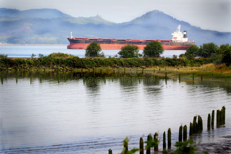 Seagoing Ship on the River. Stock Image - Image of picturesque ...