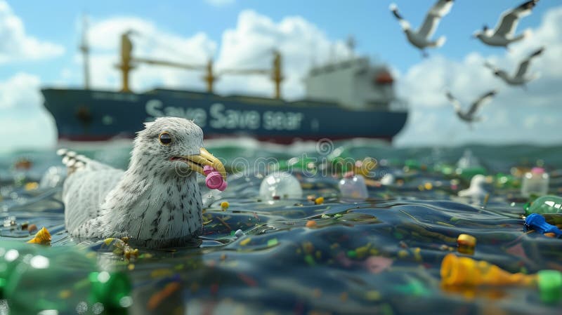 A Seagull Amidst Floating Plastic Waste with a Cargo Ship in the ...