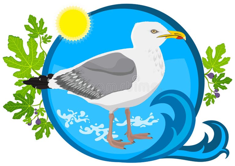 Seagull on the Blue Circle Background, Decorated with Sun, Waves & Fig ...