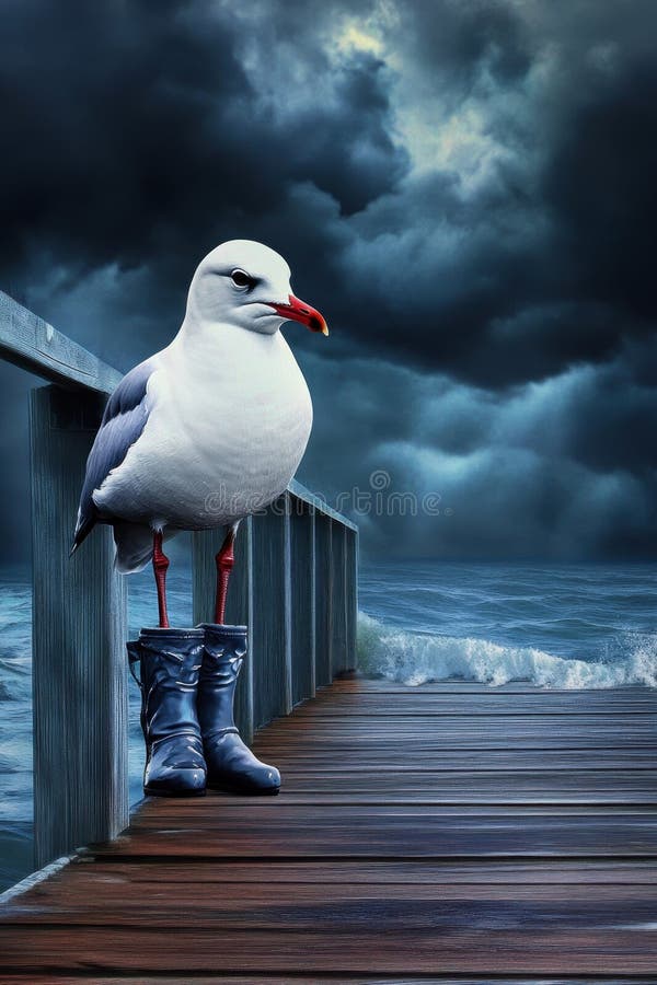 Seagull in Boots in Bad Weather on a Pier by the Ocean. the Concept of ...
