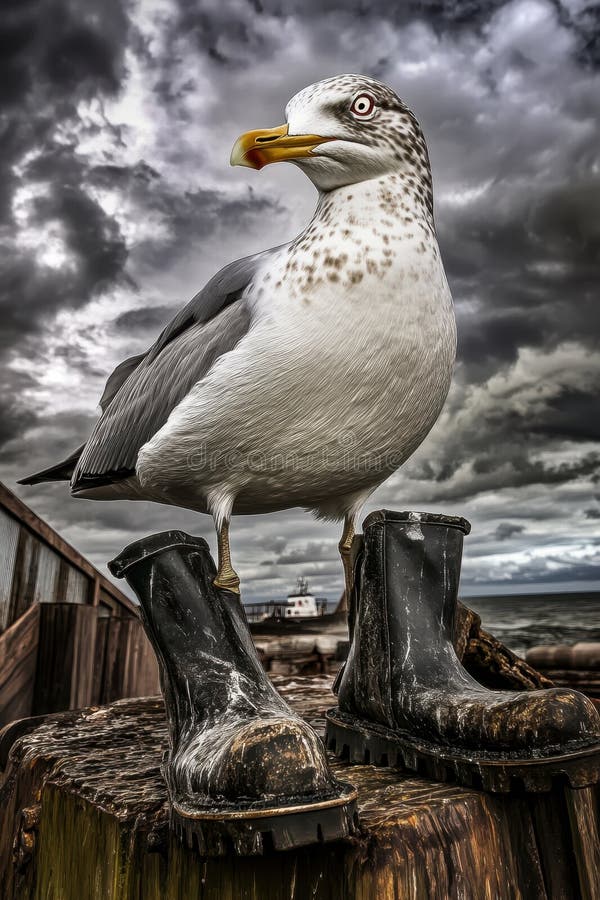Seagull in Boots in Bad Weather on a Pier by the Ocean. the Concept of ...