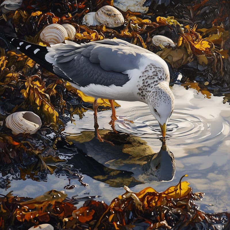 Seagull Drinking Water from a Tidal Pool Surrounded by Seaweed and ...