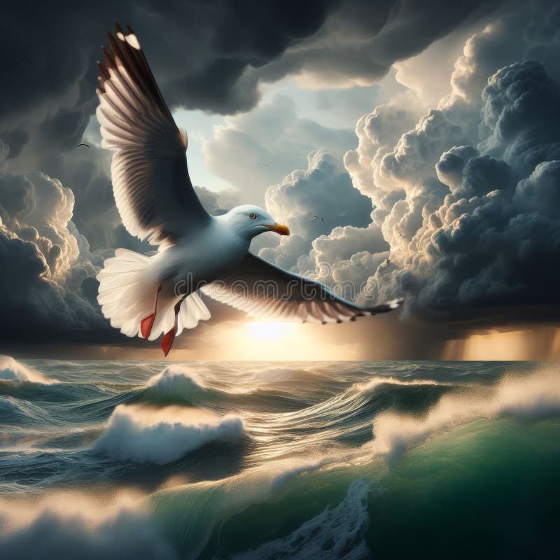 Seagull Flies Across Dramatic Dark Storm Clouds Stock Illustration ...