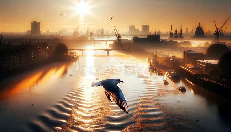 A Seagull Flies Over a River in the Morning Sun Stock Photo - Image of water, city: 322421636