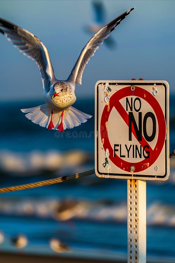 A Seagull Flying Over a No Flying Sign Stock Photo - Image of limit ...