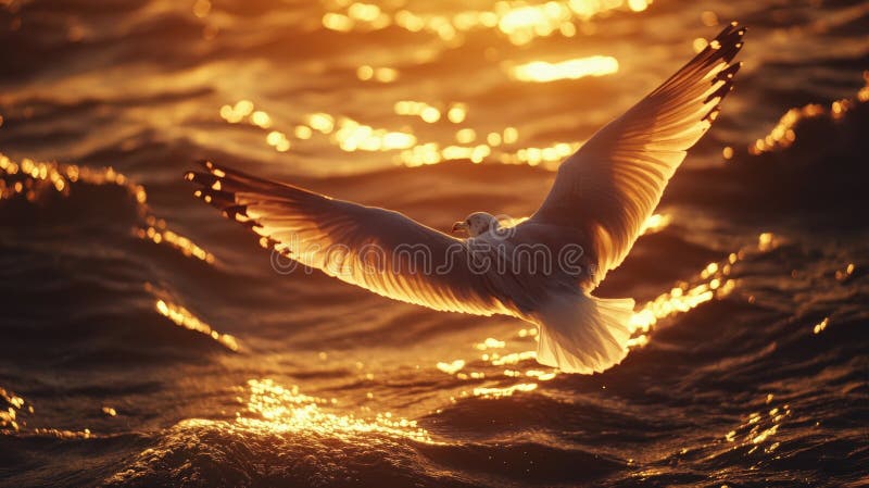 Seagull Flying Over Ocean at Sunset Stock Illustration - Illustration ...