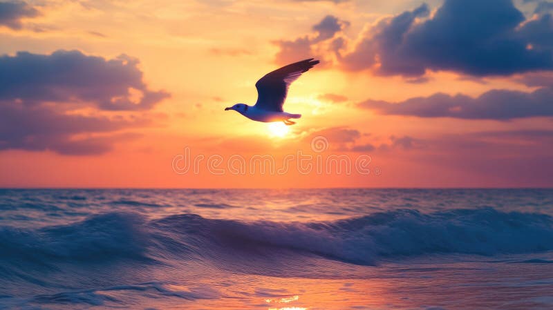 Seagull Flying Over Ocean at Sunset Stock Image - Image of sunset, ocean: 377247621