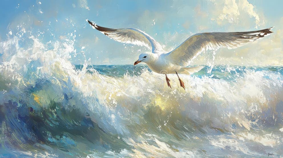 Seagull Flying Over Ocean Wave Stock Illustration - Illustration of ...