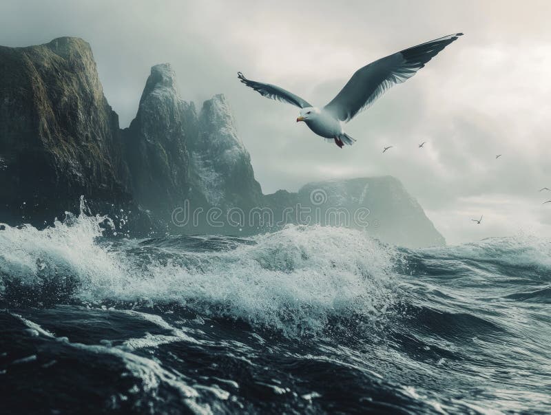 Seagull Flying Over Ocean Waves Stock Photo - Image of coastal ...