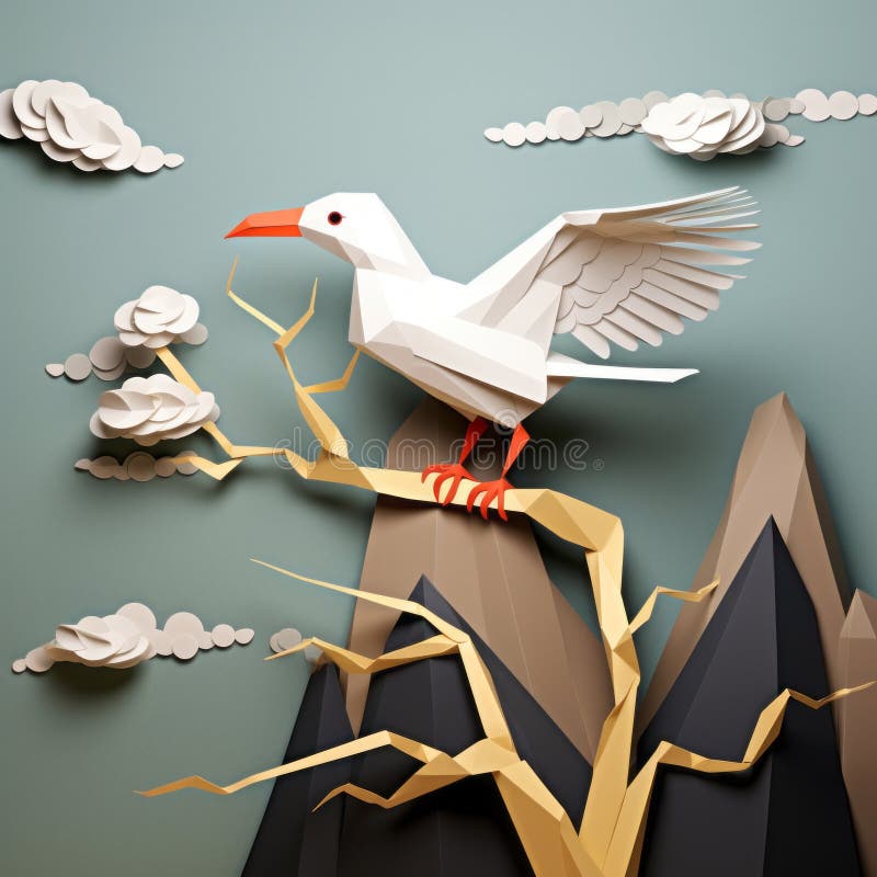 Diy Polygon Seagull Paper Craft: Tree Branch Design Tutorial Stock ...