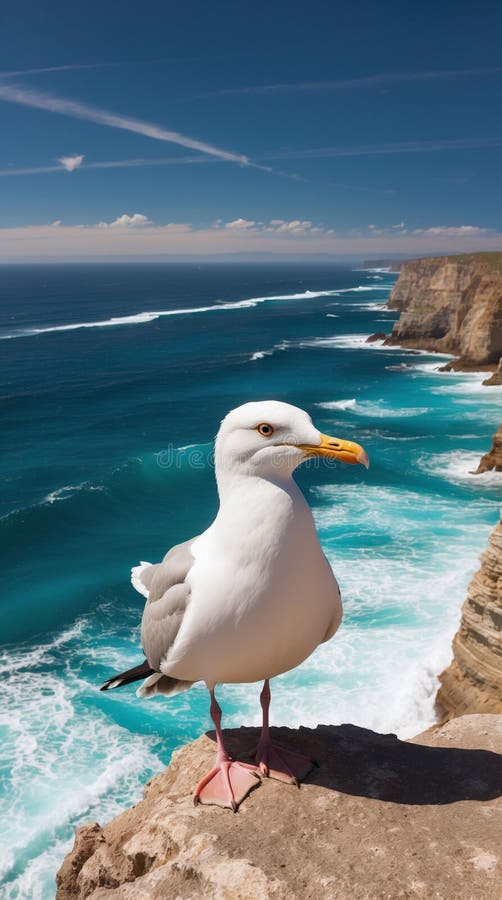 A Seagull Perched on a Rocky Cliff Overlooking the Ocean, with the ...