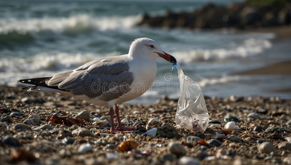 Seagull with Plastic Bag on Sea Shore, Concept of Ocean Pollution ... Seagull with Plastic Bag on Sea Shore, Concept of Ocean Pollution ...