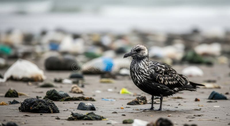 Seagull on Polluted Beach, Environmental Issue Stock Illustration ...