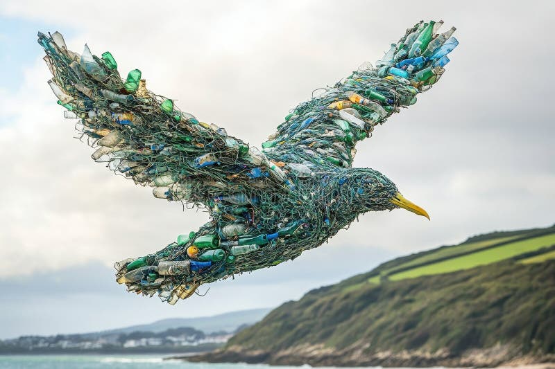 Seagull Sculpture Created from Tangled Fishing Net and Plastic Waste in ...