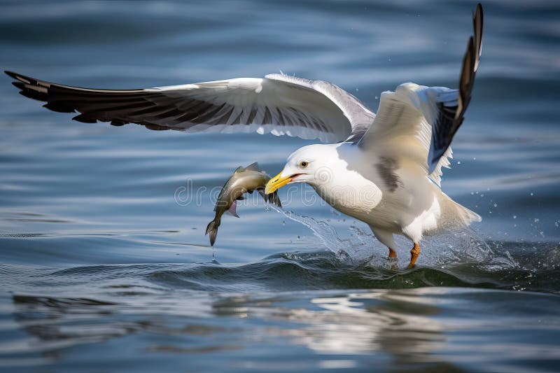 A Seagull on the Shore of the Sea or River Catches Fish, Generative AI ...