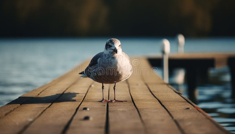 Seagull Sitting on Jetty, Watching Tranquil Sunset Over Water Generated ...
