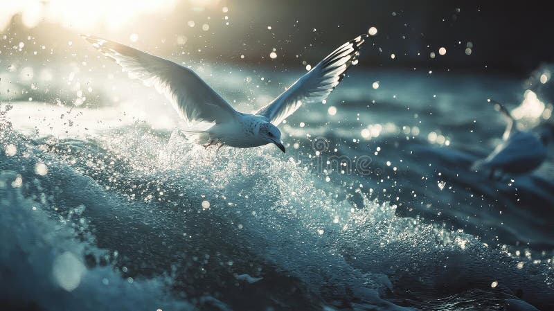 Seagull Soaring Over Ocean Waves Stock Illustration - Illustration of ...