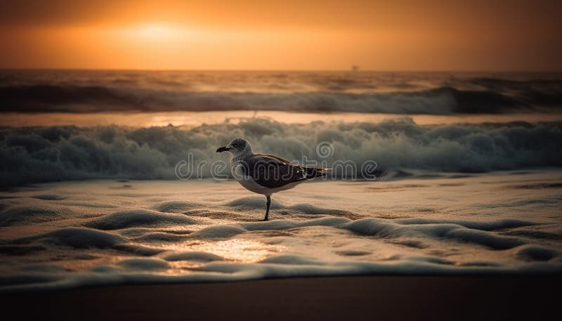 Seagull Soaring Over Tranquil Waters at Sunset, a Beautiful Sight ...