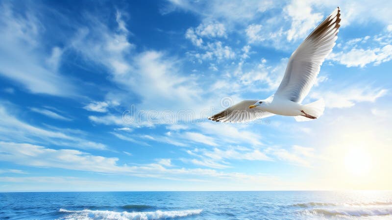 A Seagull, Soaring in the Sky, Seagull in Flight on Blue Sky Background ...