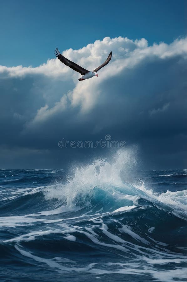 Majestic Albatross Soaring Over Dramatic Ocean Waves Under a Stormy Sky ...