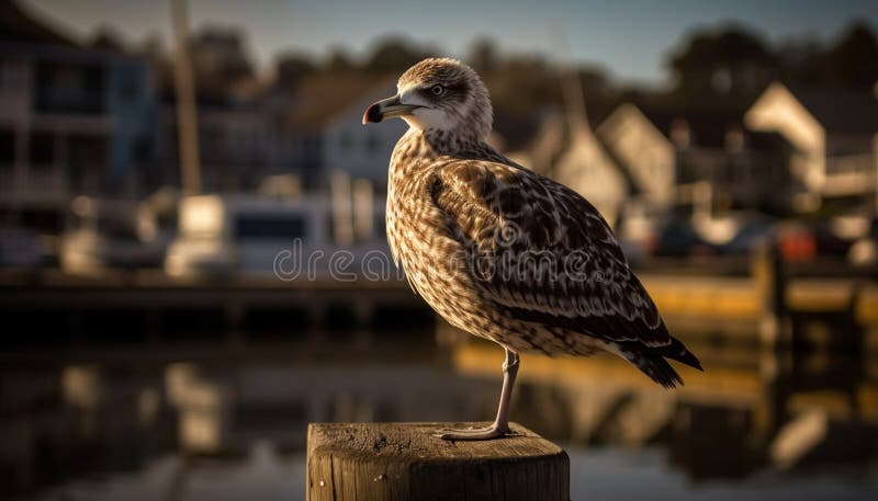 Seagull Standing on Jetty, Looking at Sunset Over Tranquil Water ...