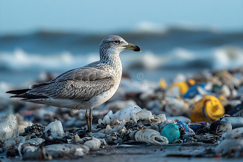 Seagull Standing among Plastic Waste and Debris on Polluted Beach, with ...